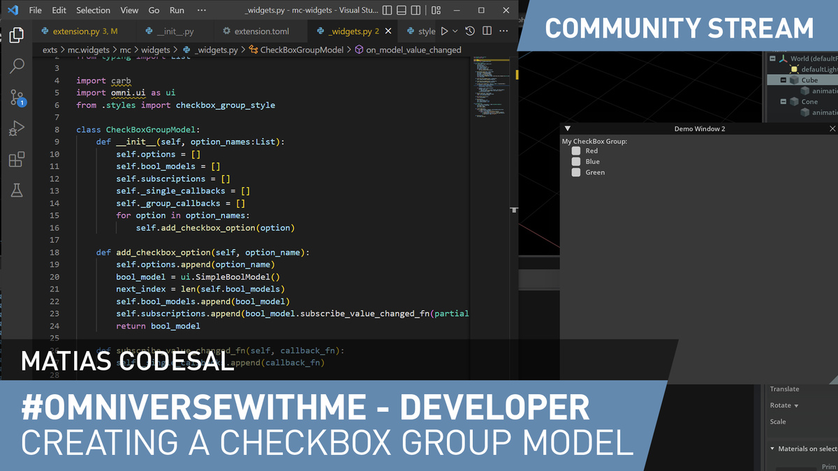 NVIDIA Community Stream | #OmniverseWithMe - omni.ui - Creating the CheckBoxGroup Model ...