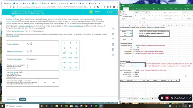 Hypothesis test for the population mean: t test Using Excel