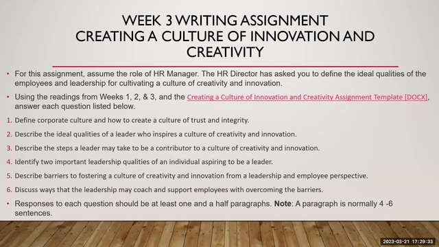 BUS302 - Week 3 Writing Assignment Overview - Creating a Culture of ...