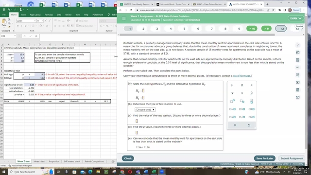 Hypothesis Test for Population Mean t test using p values Using Excel